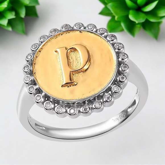 Jewelry | Moissanite Medallion Coin Initial P Ring Vermeil Yg Platinum ...